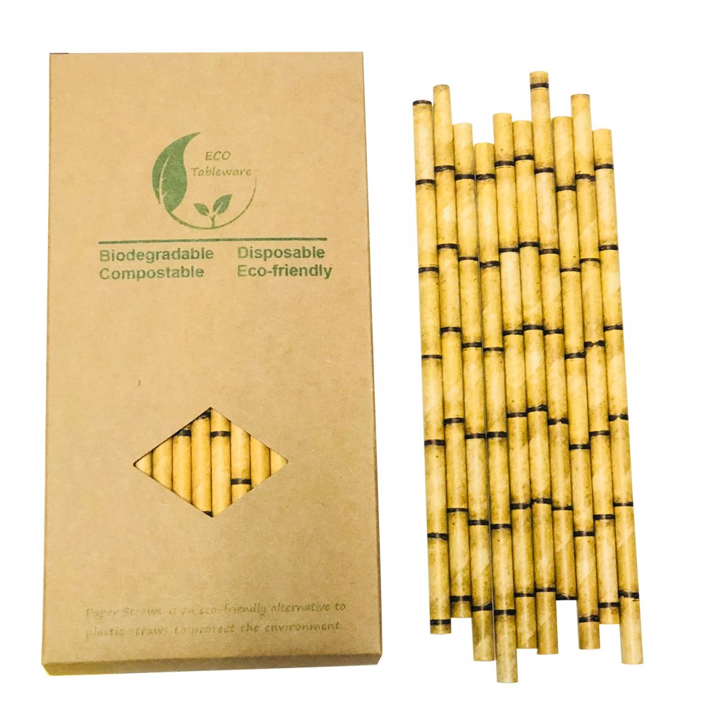 100 Pack Biodegradable Yellow Bamboo Paper Straws, Disposable Tropical Drinking Straws Cake Pop Sticks