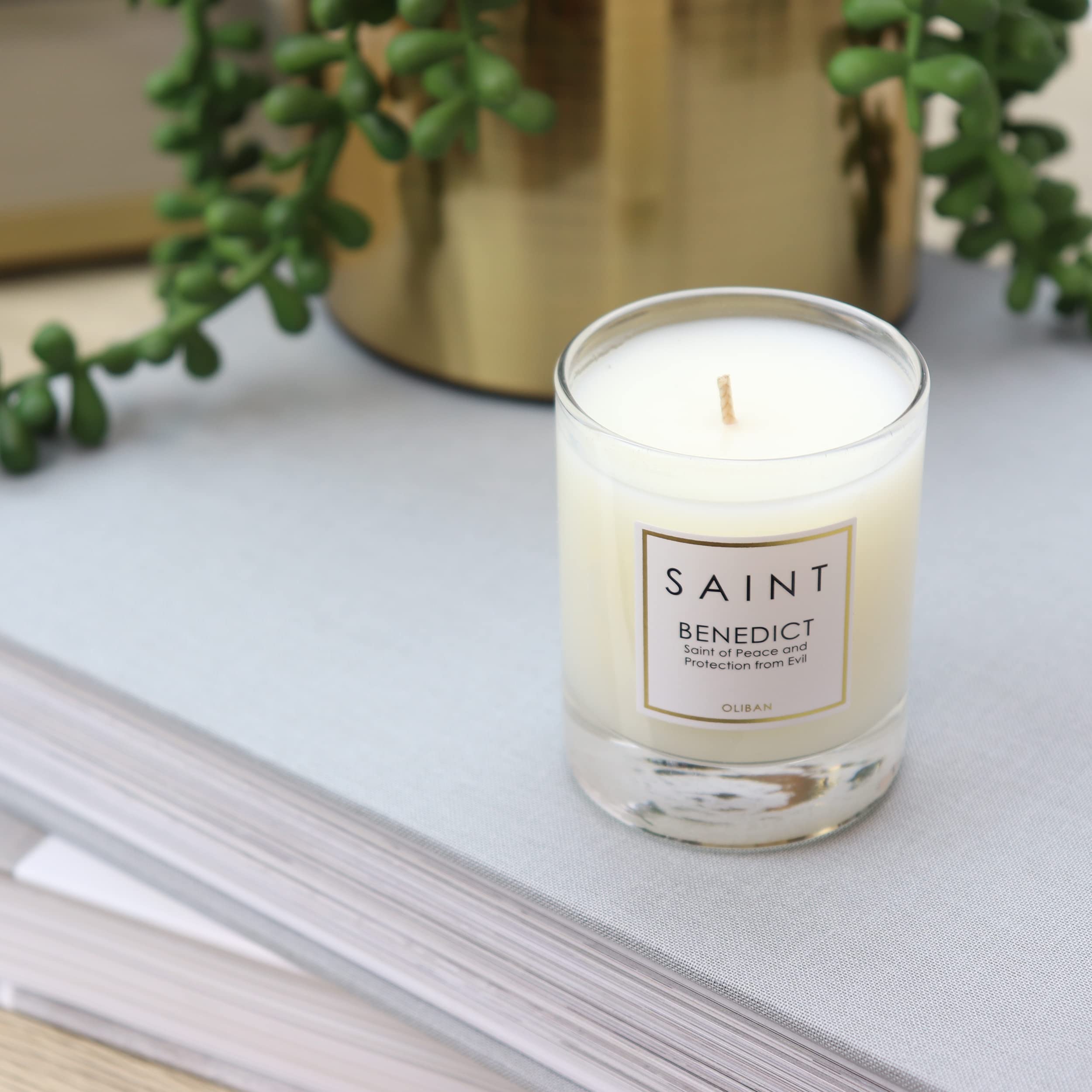 SAINT Benedict Scented Votive Candle with Prayer, Prayer Coin, and Holy Oil, Saint of Peace and Protection from Evil, Soy Coconut Aromatherapy Candle with 15 Hour Burn Time, Holiday Gift-Ready Box