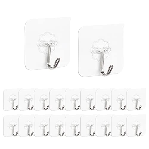 20 Pack Adhesive Hooks for Hanging Heavy Duty 22lbs Wall Hooks, Transparent Reusable Seamless Hooks, Waterproof and Rustproof Wall Hooks for Home Kitchen, Bathroom, Office