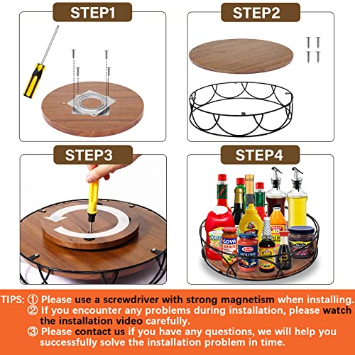 12.5" Wooden Lazy Susan Turntable, Kitchen Table Top Spice Organizer with Steel Frame, 360 Degree Rotating Lazy Susan Tray for Countertop, Cabinet, Dining Table, Bathroom
