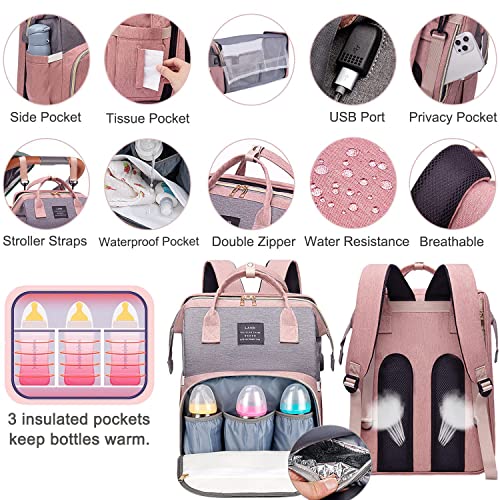 ANWTOTU Diaper Bag with Changing Station,Diaper Bag Backpack,7 in 1 Travel Baby Diaper Bag,Mommy Bag With USB Charging Port (Pink-Grey)
