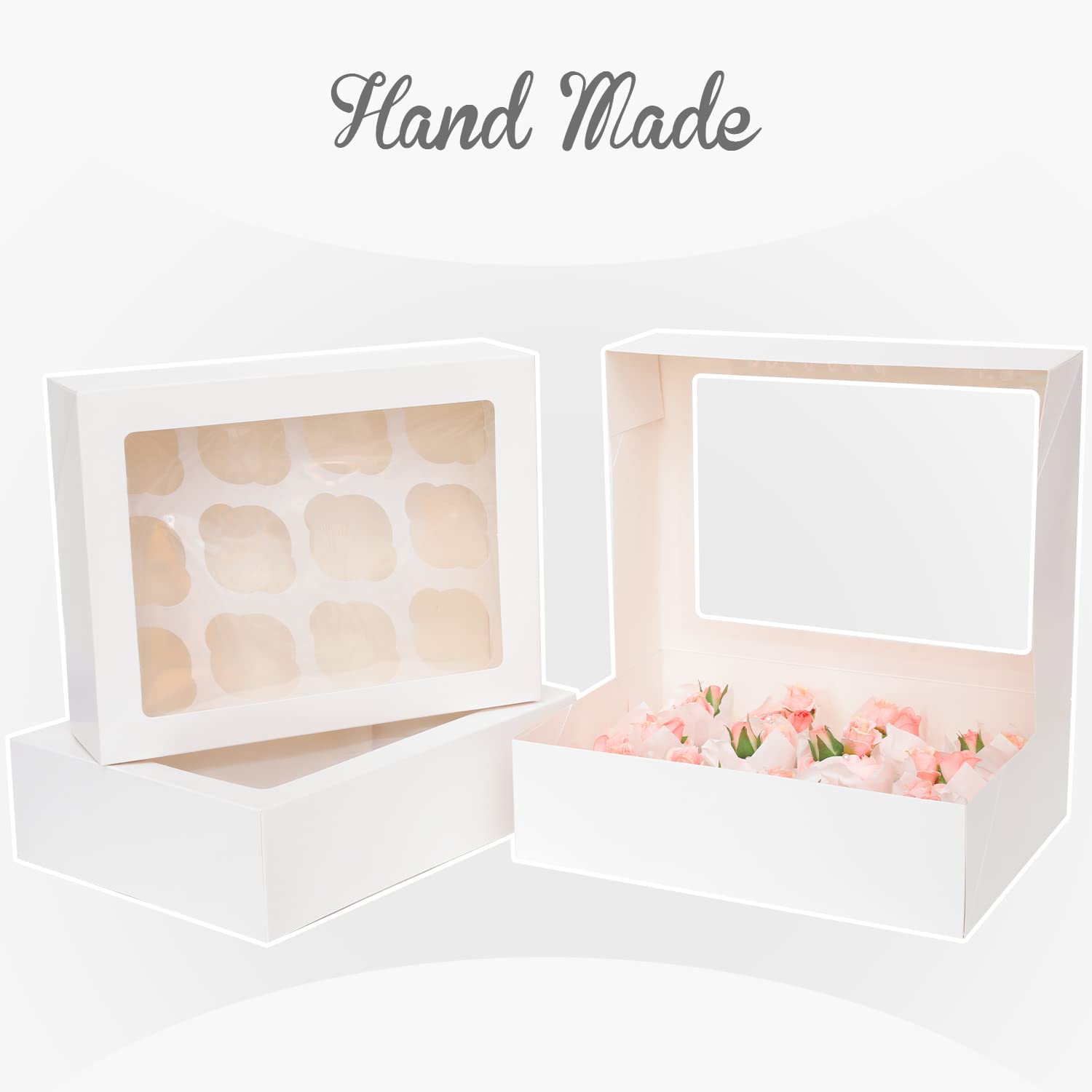 12 Cupcake Containers 20-Packs White Cupcake Box Cupcakes Carrier, 12 Cupcake Boxes with Window 13"x10"x3.5"(Auto-pop up)