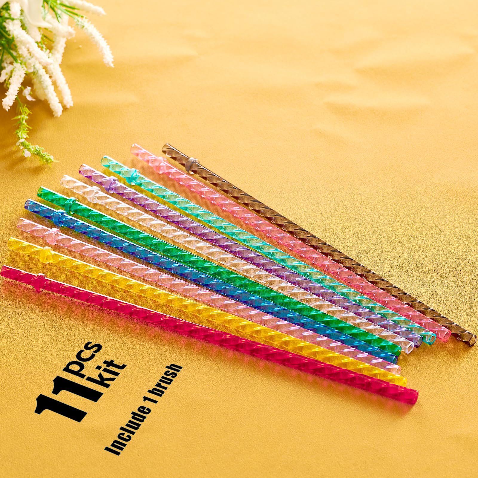 10 Pack Swirl Straws for Starbucks Tumbler, Reusable 11" Long Hard Plastic Shiny Crystal Tumbler Replacement Drinking Straws For 16 OZ 20 OZ 30 OZ Stanley, Yeti Tumblers With Cleaning Brush
