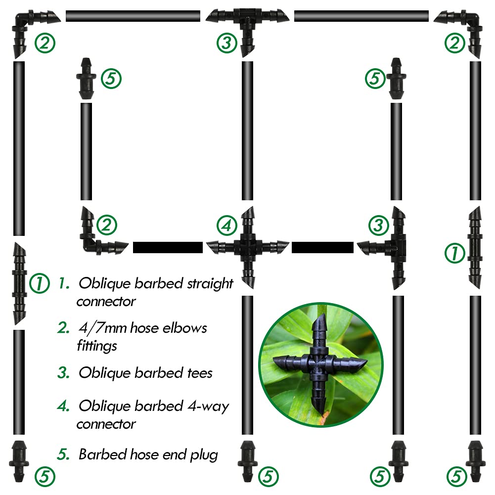 281 Pieces Irrigation Fittings Kit,Drip Irrigation Barbed Connectors for 1/4 Inch Garden Water Hose Connectors,100 Straight Barbs+40 Tees+60 Elbows+ 50 End Plug+ 30 4-Way Coupling+1Punch Tool