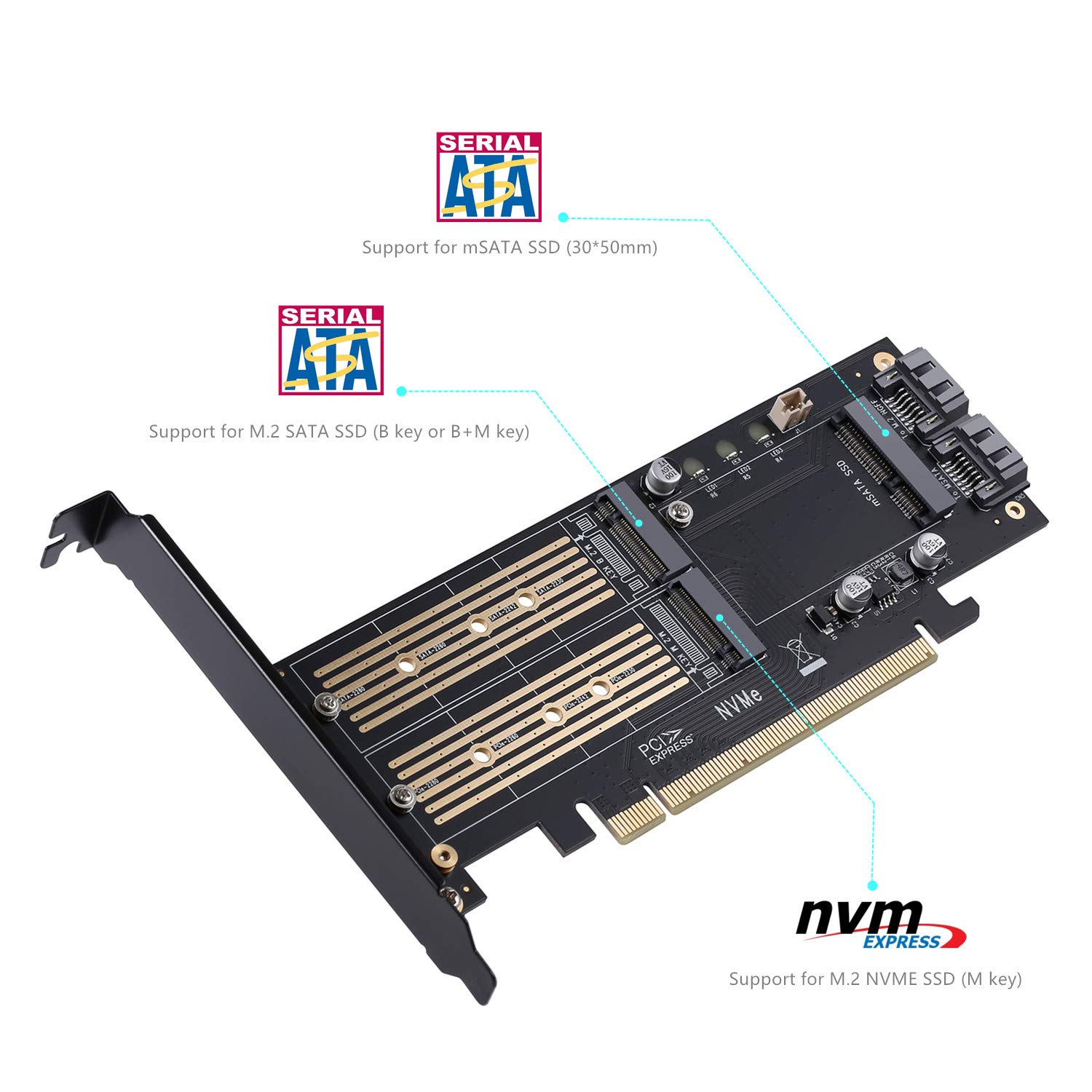 3 in 1 M.2 and mSATA SSD Adapter Card for M.2 NVME to PCIE Adapter,M.2 SATA SSD to SATA III Adapter,mSATA to SATA Adapter (with 2 Aluminum Heatsink)