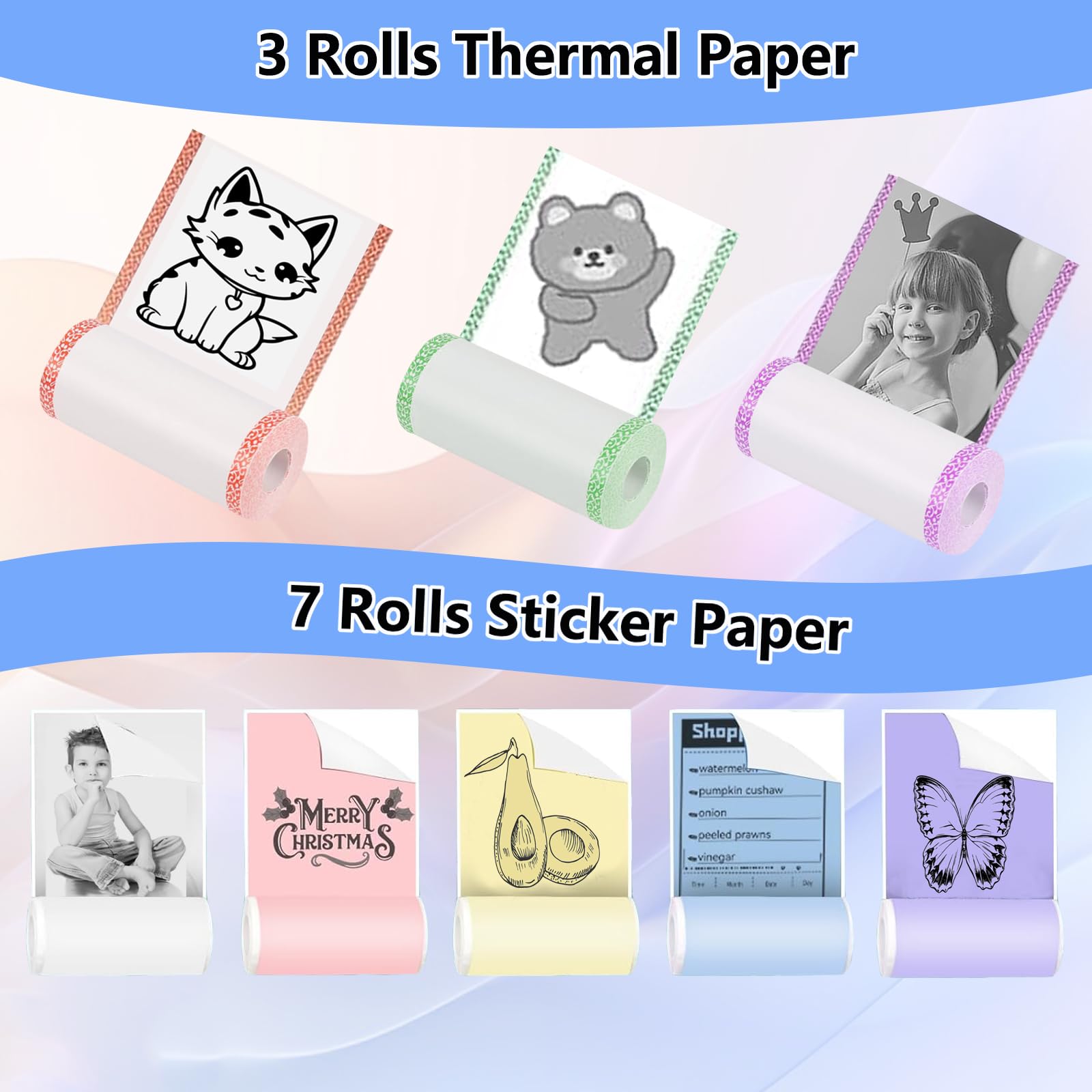 10 Rolls mini printer paper,for Inkless Mini Pocket Printer,Portable Thermal Printer, Sticker Printer Paper,Including 5 rolls of adhesive thermal Paper for Photo Journal Notes Memo, 57x25mm