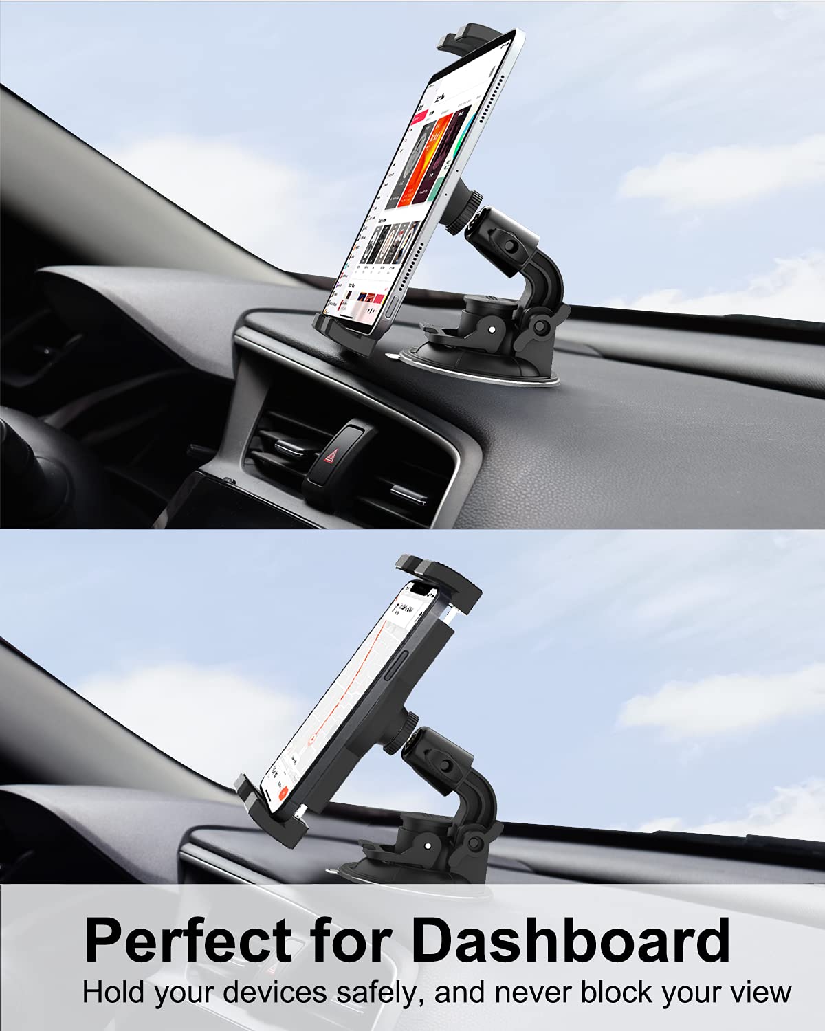 Aozcu Windshield Car Tablet Mount, Window Dashboard Tablet Holder, 95mm Powerful Suction Mount with 1/4'' Screw Tip for iPad Pro 11/ Air/Mini, Galaxy Tabs, More 4-13'' Phone & Tablets, and Camera