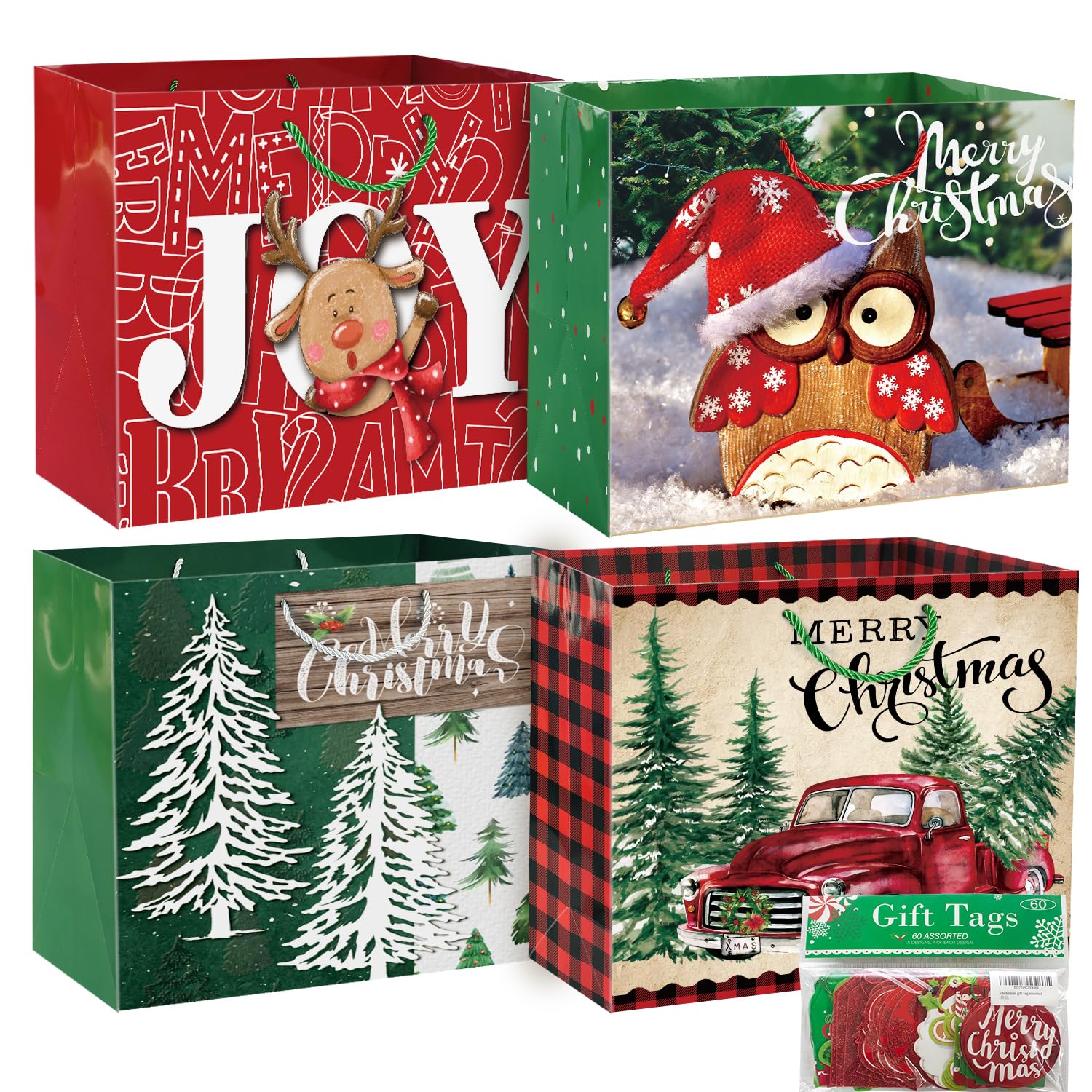 12 Extra large Christmas Gift Paper Bags Bulk with handles and 60 Count Christmas Gift Tags-6 Designs Jumbo oversized sacks set for Wrapping Gaint Xmas Holiday Presents