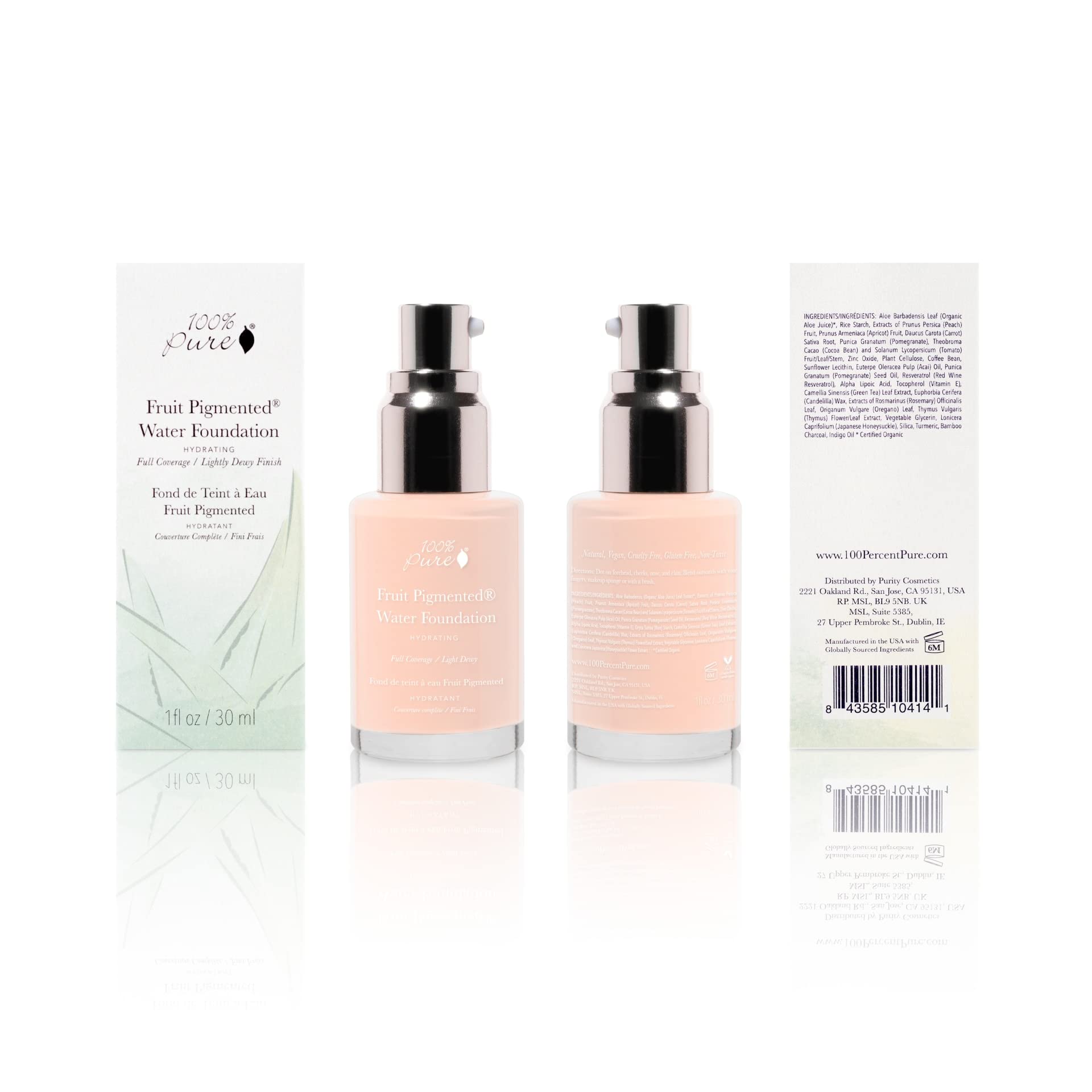 100% PURE Water Foundation Full Coverage Hydrating Makeup, Light Dewy Finish, Moisturizing Concealer for Normal to Dry Skin, Fruit Pigment Color Warm 3.0 w/Yellow Undertones for Light Skin - 1 Fl Oz