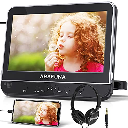 10.1" Car DVD Player with Headrest Mount, ARAFUNA Headrest DVD Player with Headphone, HDMI Input, 1080P Video Support, Clamshell Design & Bottom Speakers, AV in/Out, USB/SD, Regions Free, Last Memory