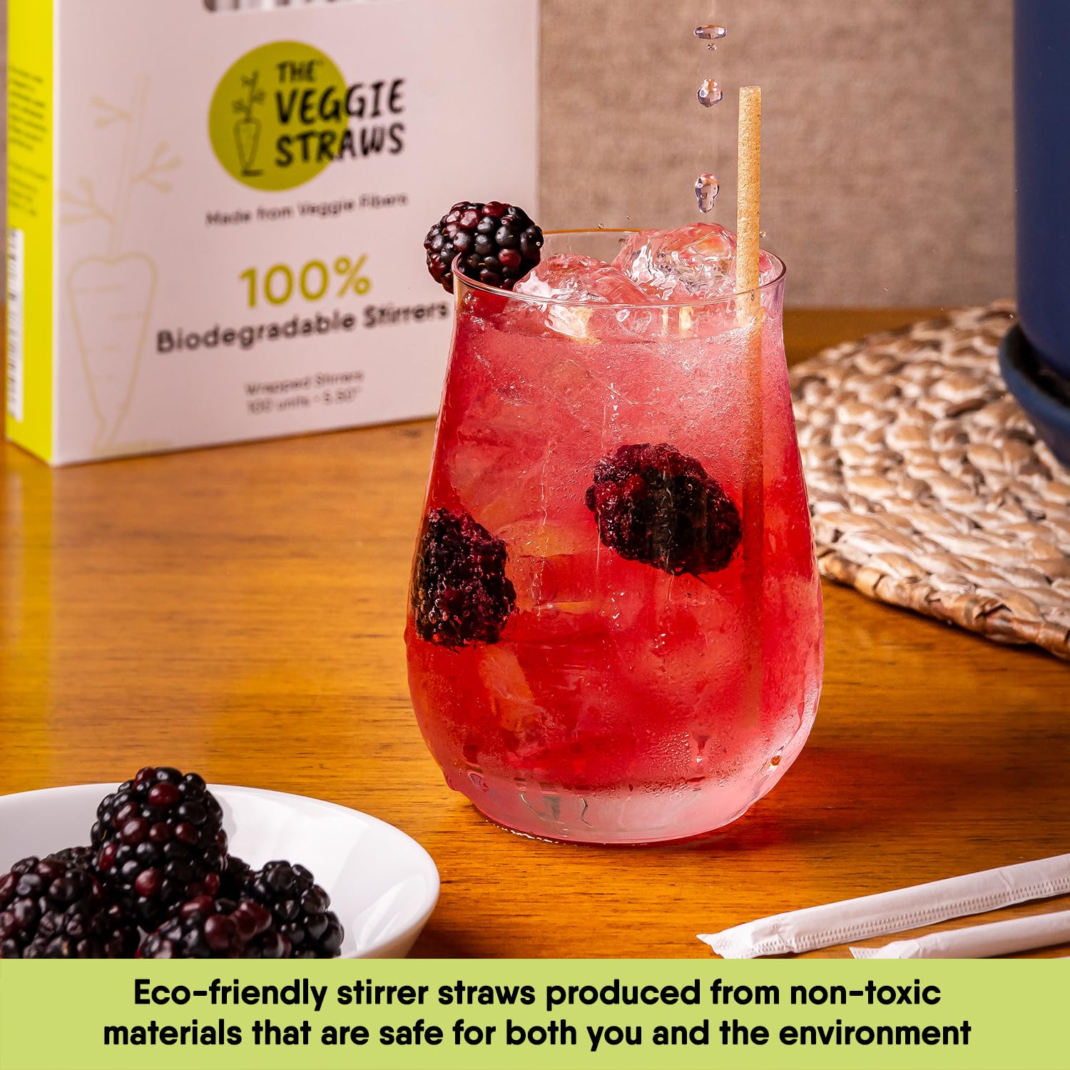 100% Biodegradable Individually Wrapped Cocktail Stirrers β 100 PCS of 5.50 Inches Premium Quality Disposable Coffee Stirrers, Best Biodegradable Stirrers for All Drinks β By The Veggie Straws