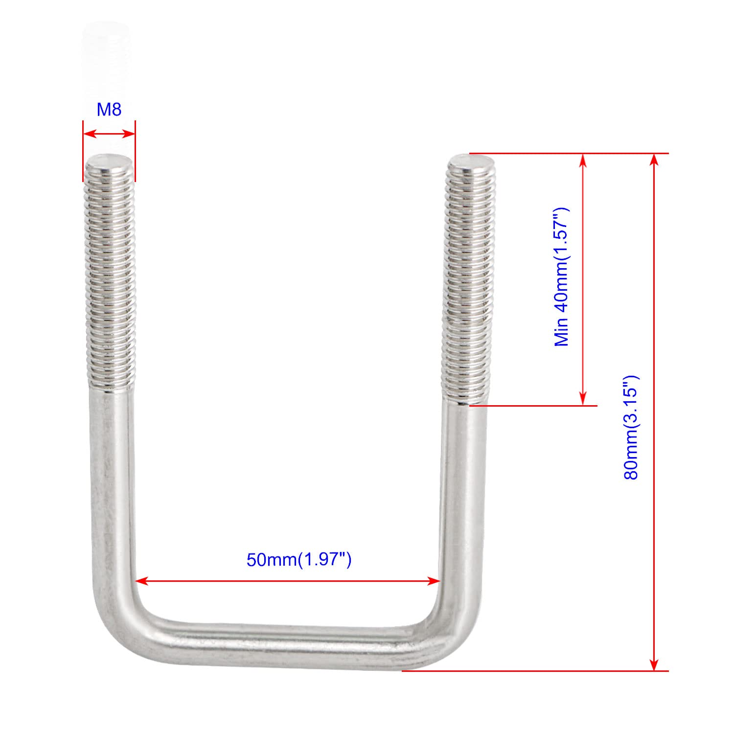 Aoje-Link Square U-Bolts 1.97"(50mm) Inner Width M8 Thread 304 Stainless Steel Silver with Plates Nuts Flat Washers for Car/RV/Trailer Bumper, 4Pcs