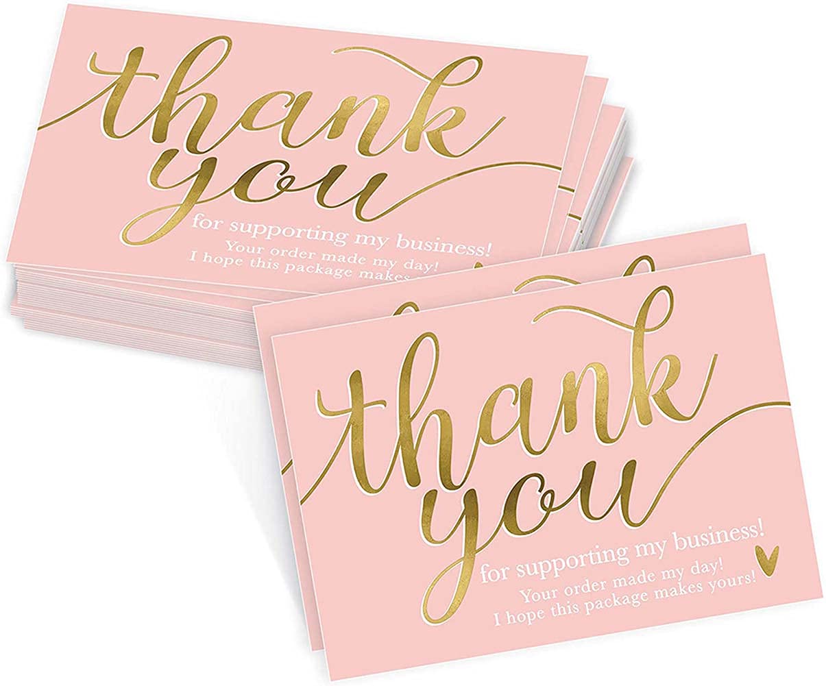 100Pcs 2x3.5 Inch Thank You for Your Support Business Cards Thanks Greeting Cards , Pink and Gold Theme Custom Thank You Cards for Online, Retail Store, Handmade Goods, Gift Shop Package Inserts (Pink)