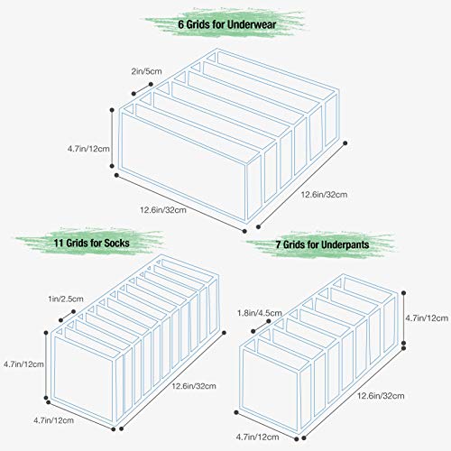 ABC life 3Pcs Underwear Drawer Organizer Set, Foldable Sock Bra Underpants Organizer Drawer Divider, Washable Closet Cabinet Storage Boxes for Clothes, Stockings, Ties and Bras (6+7+11 Grid, Grey)