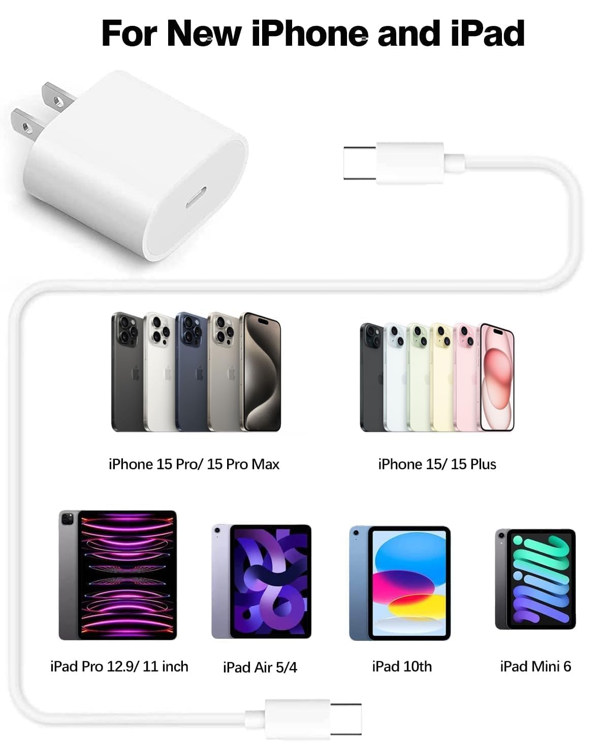 20W USB C Charger for iPad Pro 12.9/11 inch 2022/2021/2020/2018, iPad Air 5th/4th Generation, iPad 10th Generation, iPad Mini, iPhone 15 Pro Max, PD Block with 6.6ft Fast Charging Cable