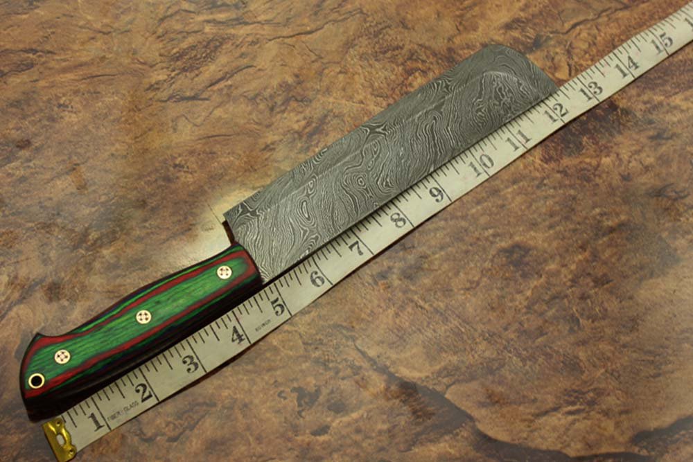 12.5" hand forged Damascus steel Nakiri knife, kitchen knife, vegetable knife, 2 tone Green & Maroon wood scale, Cow hide Leather sheath with belt loop