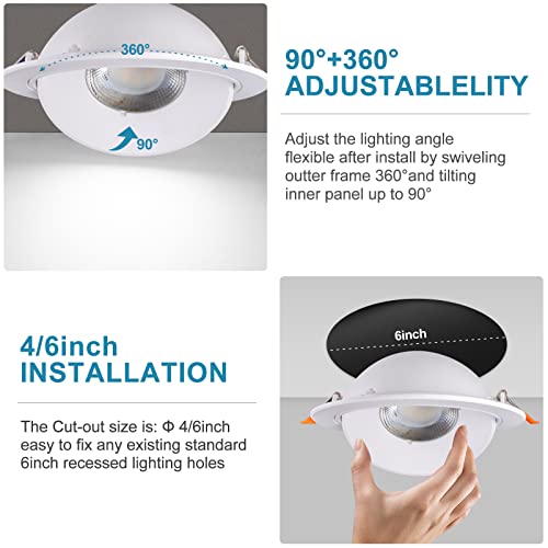 12 Pack Gimbal LED Recessed Lighting 6 Inch, 12W 1200LM (110W Eqv.) 360°Rotation LED Recessed Light with Acrylic Lens, 3 Color Selectable LED Can Lights, CRI90 Dimmable Downlight, IC Rated