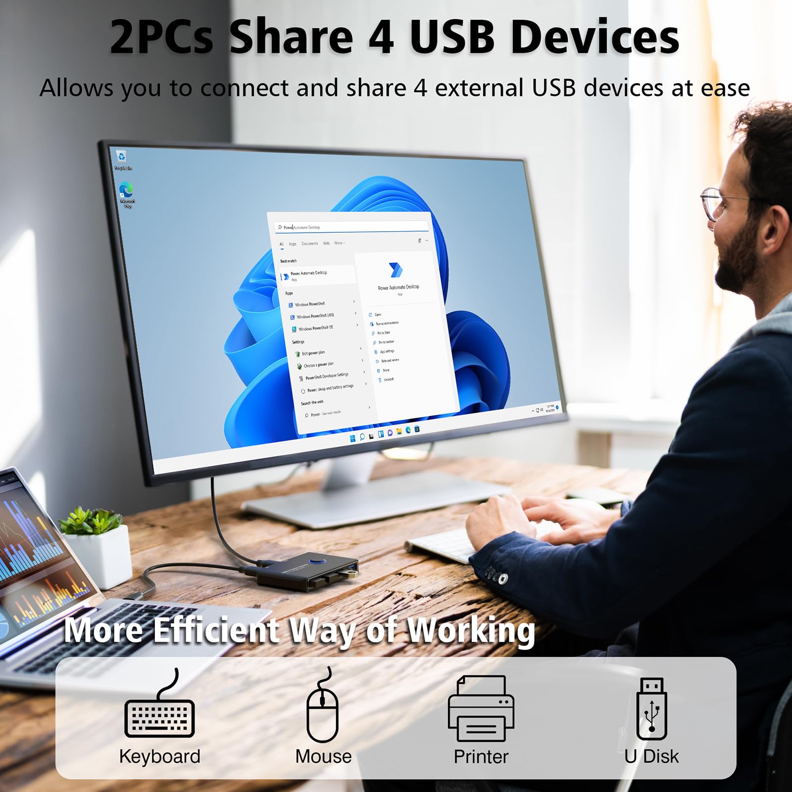 USB 3.0 Switch Selector for 2 Computers, USB Switcher Sharing 4 USB Devices Peripheral Hub for Mouse, Keyboard, Scanner, Printer; for Mac/Windows/Linux; 2 Pack USB Cables Included