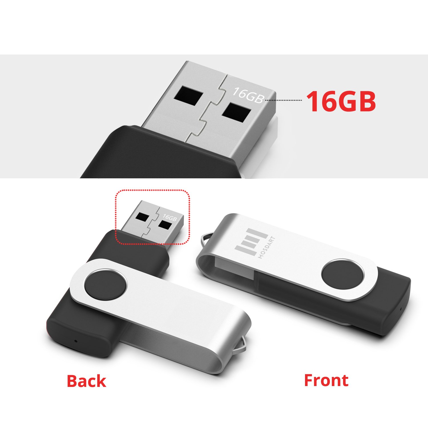 10 X MOSDART 16GB Bulk USB 2.0 Flash Drives Swivel Thumb Drives Zip Drive Memory Stick with Led Indicator,10 Pack Black