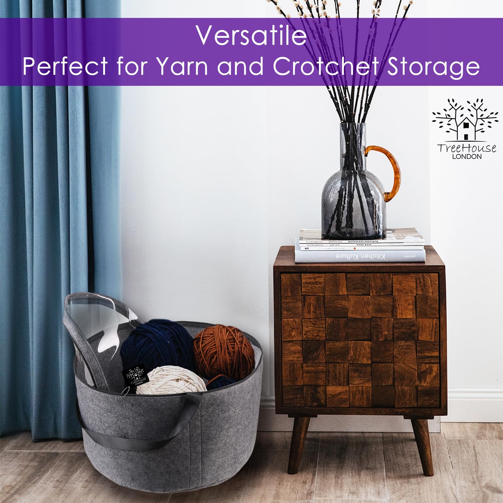 TreeHouse London XL Breathable Felt Wig Storage Travel Case & Yarn Storage Bag, Collapsible Container & Lid, 11" High, Wig Holder Case for Men & Women, Cosmetic Closet Organizer Bag
