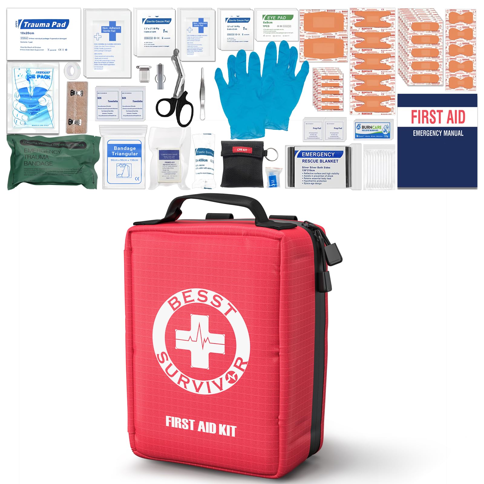 Besst Survivor Upgrade First Aid Kit -Premium Labelled Compartments Molle System Trauma Kits -Emergency Medical Kits for Car, Home, Hiking, Camping and Outdoor Emergencies -221 Pieces Set