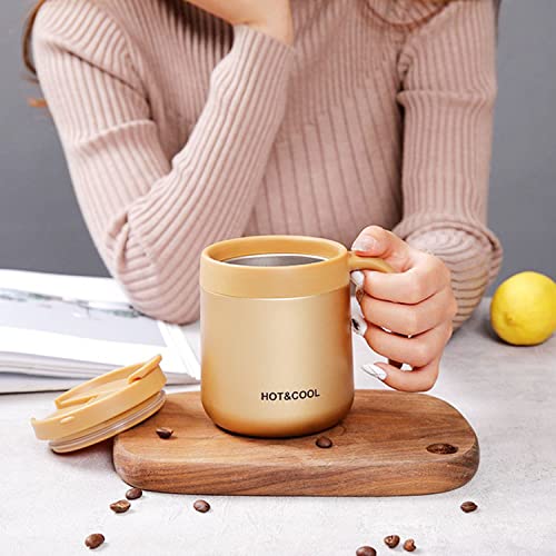 12oz/18oz Insulated Coffee Mug with Handle and Lid, Double Wall Vacuum Stainless Steel Coffee Travel Mug, Tumbler Cup,Reusable and Durable Travel Coffee Cup Thermal Cup, Gold 12oz