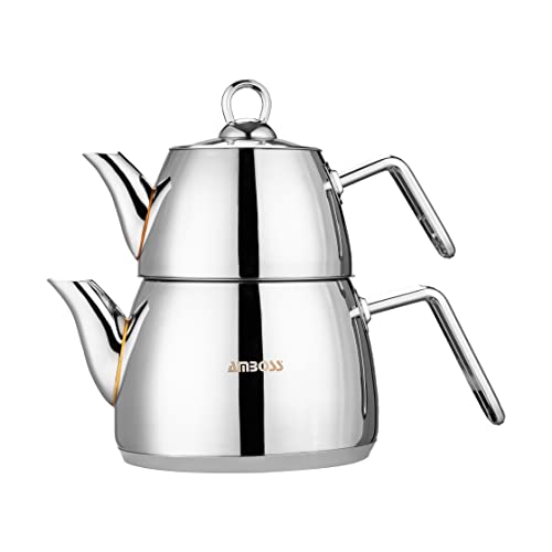 Amboss Aqua Ergonomic Gold Handle Turkish Teapot Set 4 PCS with Steam Lid Stainless Steel Induction Compatible Turkish Tea Set (Steel Handle)