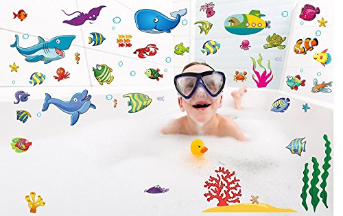 122 Pcs Under The Sea Fish Wall Decals for Kids and Toddlers' Bathroom and Nursery, Easy Peel and Stick Stickers with Turtles, Dophins, Corals, and More, Removable Ocean Themed Décor