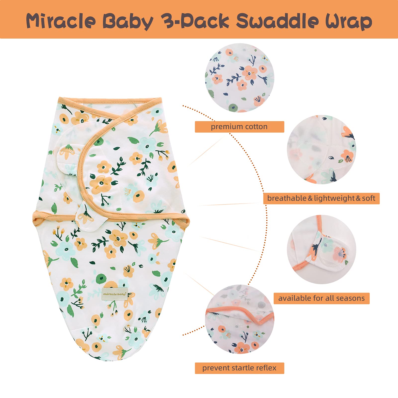 3 Pack Newborn Swaddle Blanket Adjustable Wrap Receiving Blanket Baby 100% Cotton Sleep Bag (0-3 Months, Flower + Green Dots + Pink)