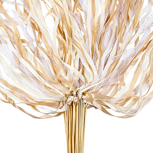 150 Pcs Lace Ribbon Stick Wands Wedding Wand Streamers with Bell Silk Ribbon Fairy Wand Wedding Send Off Streamer for Wedding Party Favors Baby Shower Holiday Celebration (Champagne, Beige)