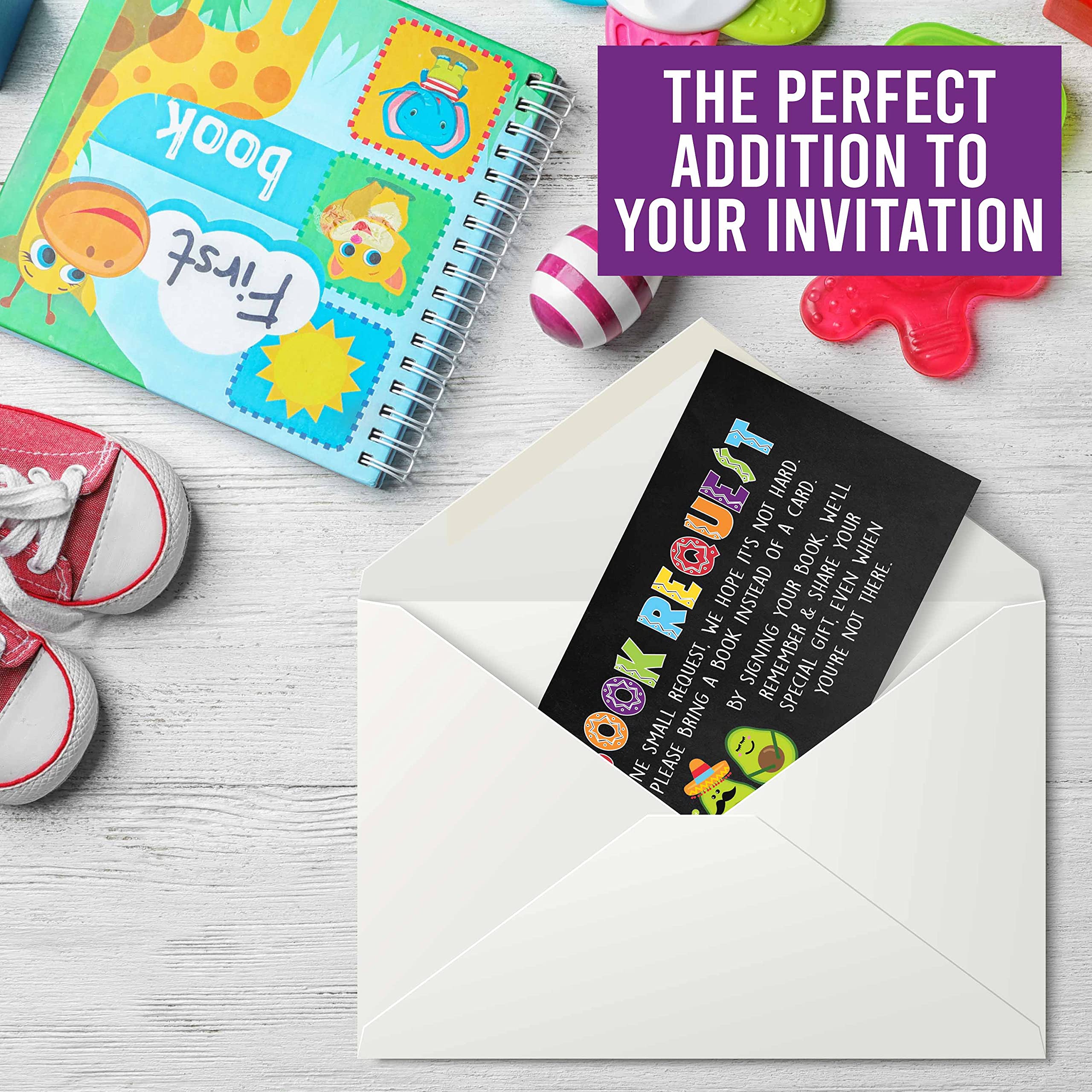 25 Books For Baby Shower Request Cards - Fiesta Baby Shower Invitation Inserts, Book Request Baby Shower Guest Book Alternative, Bring A Book Instead Of A Card, Baby Shower Book Request