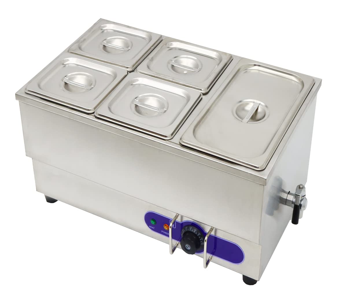 110V 5-Pan Commercial Food Warmer, 304 Stainless Steel Bain Marie Buffet Food Warmer, 1500W Electric Steam Table, 6inch Deep Adjustable Temp, for Restaurants, Catering and Parties