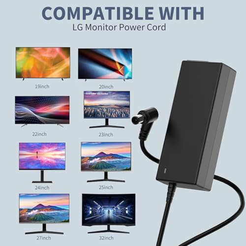19V AC DC Adapter Charger for LG Electronics 19" 20" 22" 23" 24" 27" 32" Monitor 24LJ4540 24M47H-P 24MP55HQ; DA-48F19 DA-65G19 ADS-40FSG-19 DA-65F19 PS236V IPS236-PN E2750VR-SN Power Supply Cord