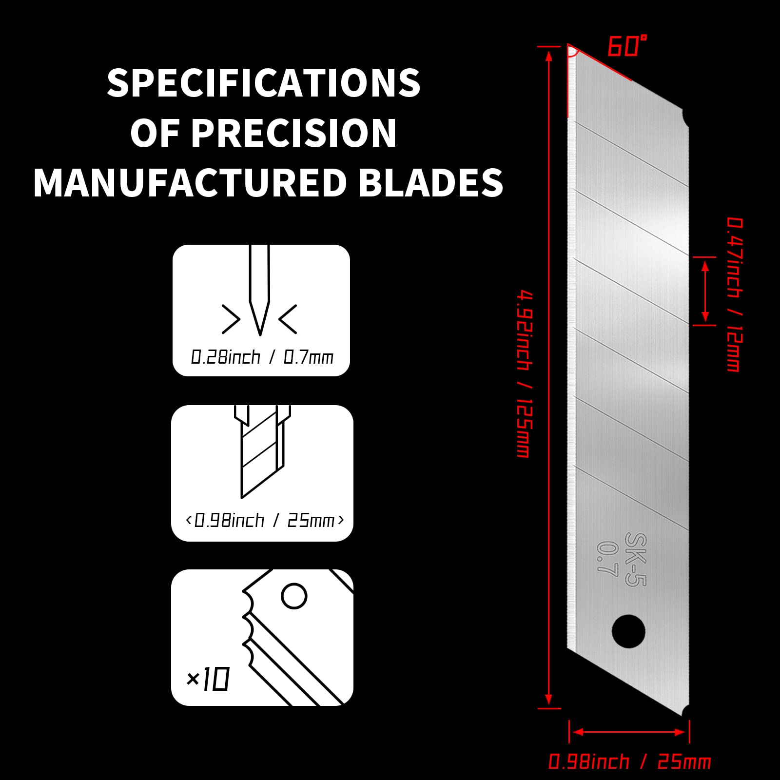 100-Pack 25MM Utility Knife Blades, Snap off Knife Blades for Retractable Box Cutters and Knife, SK5 Blades in Bulk Pack. 10pc ×10