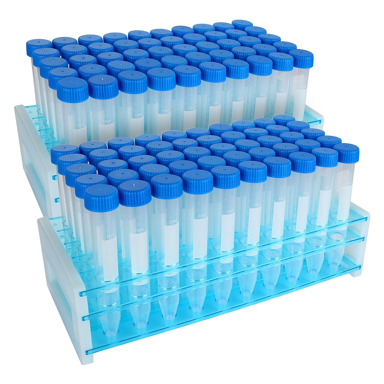 100pcs Conical Centrifuge Tubes 15mL, Clear Plastic Centrifuge Tubes with Leak-Proof Screw Caps, Plastic Graduated Lab Test Container with 2Pcs Test Tube Rack for Scientific Experiments