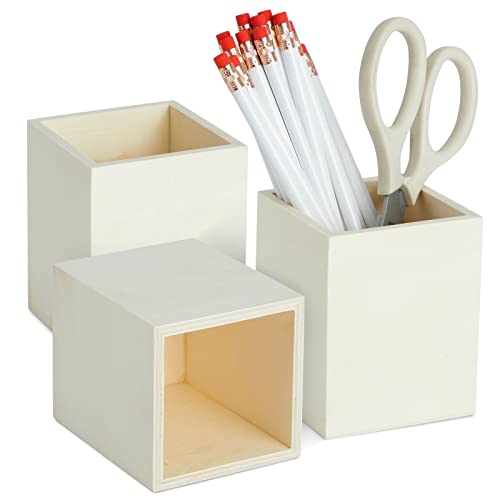 3-Pack Unfinished Wood Pencil Holder Cups for Office Supplies, Wooden Pen Organizer for Desk Organization, Classroom, Home, Accessories Storage, Arts and Crafts (3x3.5 in)