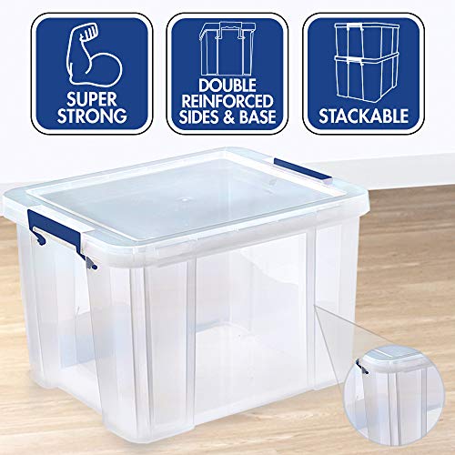 3 Bankers Box 36L Plastic Storage Box with Lids, ProStore Super Strong Stackable Plastic Storage Boxes (31.5 x 47.5 x 38cm), Clear