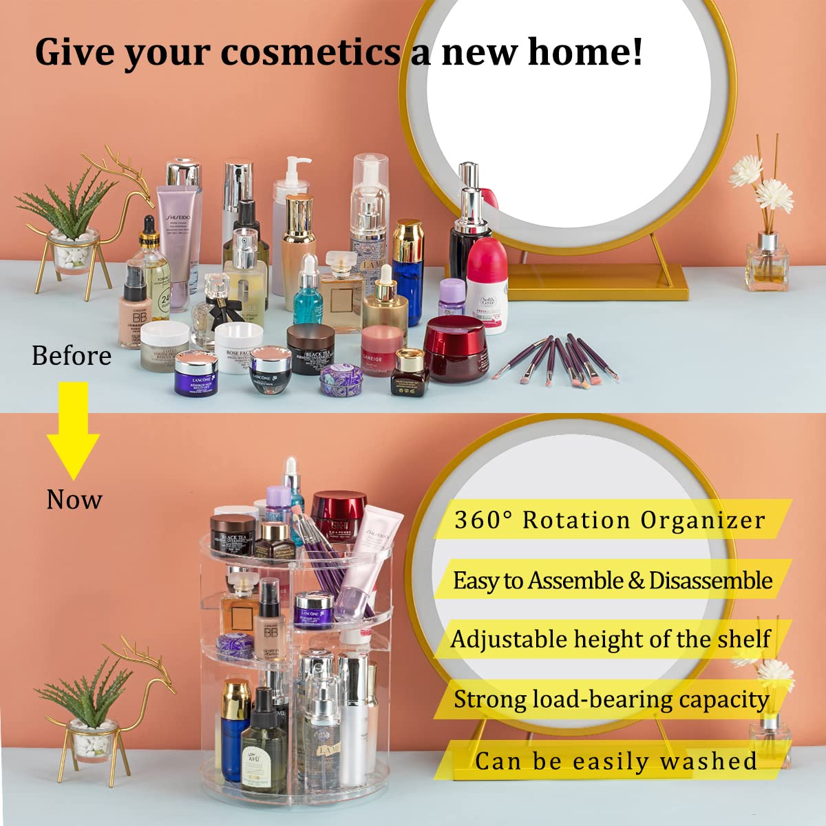 Argox 360° Rotating Makeup Organizer, Skincare Storage Box, Cosmetic Display Case with Brush Holder Perfume Tray, Multifunctional Rotating Rack Suitable for Dressing Tables and Bathroom Countertops