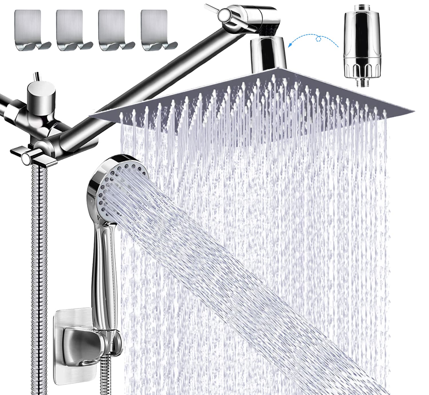 10" Rain Shower Head with Handheld Spray Combo High Pressure Rainfall Showerheads with 11" Extension Arm, Shower Filter for Hard Water & Chlorine + Hose & 4 Hooks, Square Dual Waterfall Shower Head