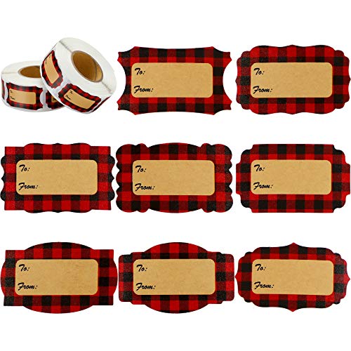 1000 Pieces Red Buffalo Plaid Natural Kraft Christmas Tag Labels 8 Styles Self Adhesive Decorative Christmas Label Stickers for Thanksgiving Holiday Wedding Party Arts, 2 x 1.2 Inches