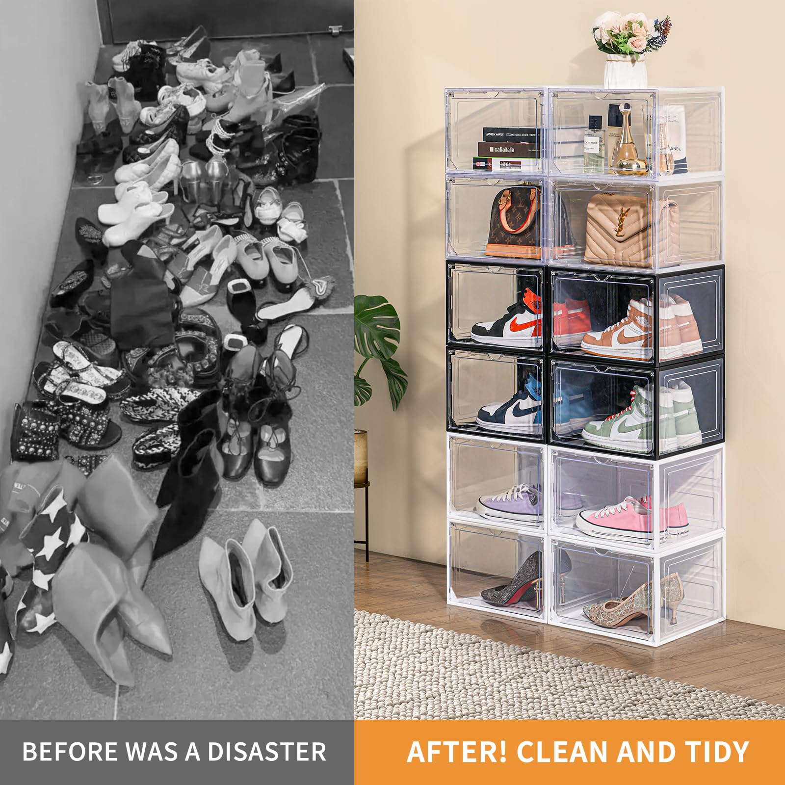 12 Pack Clear Shoe Boxes Stackable,Large Shoe Storage Organizer with Magnetic Door,Drop Side Shoe Containers for Entryway,Sneaker Storage Fit up to US Size 13 for Men/Women(13’’x 10.62”x 8.26”)