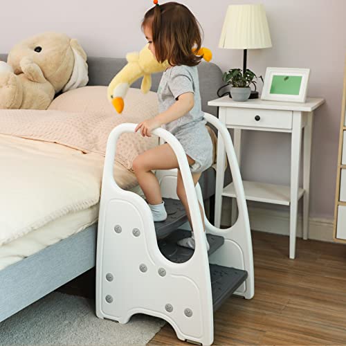 3-Step Stool with Handrails for Toddler and Kids, Standing Learning Tower for Bathroom Sink, Potty Training, Children Step Up Learning Helper with Handles and Safety Non-Slip Pads(Gray)