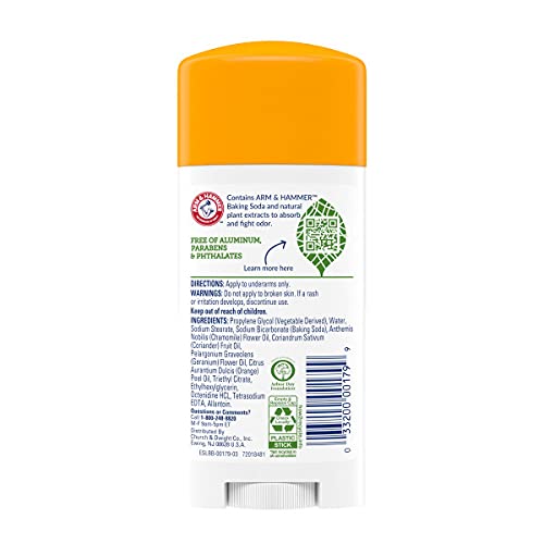 ARM & HAMMER Essentials Deodorant- Orange Citrus- Solid Oval - Made with Natural Deodorizers- Free From Aluminum, Parabens & Phthalates, 2.5 oz (Pack of 2)