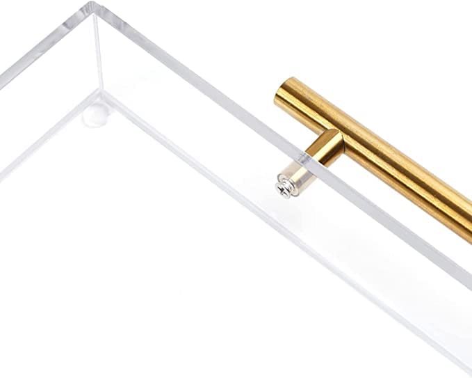12"x16" Clear Acrylic Serving Tray with Golden Handles, Sturdy Huge Capacity Acrylic Tray for Coffee, Juice, Kitchen and Desk Organizer, Storage Tray (12"x16")