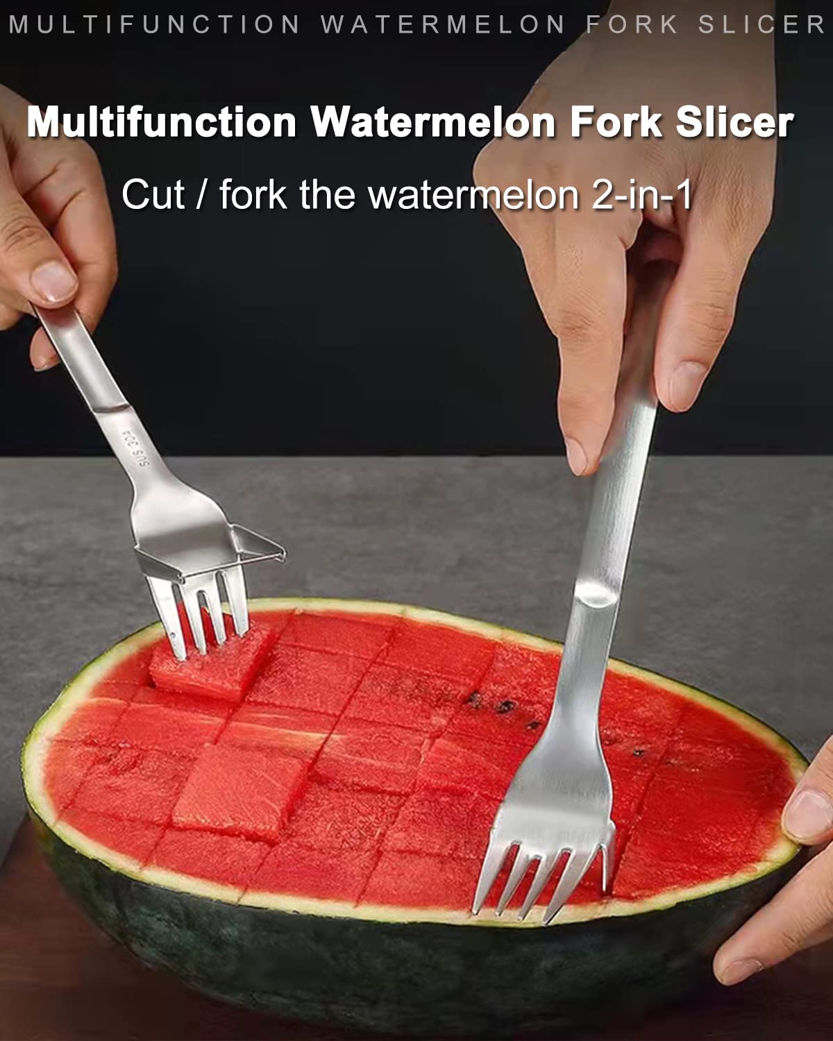 2 PCS Watermelon Slicer Cutter, 2-in-1 Watermelon Fork Slicer, Stainless Steel Cutting Fork Artifact, Fruit Watermelon Carving and Cutting for Home Party (2)