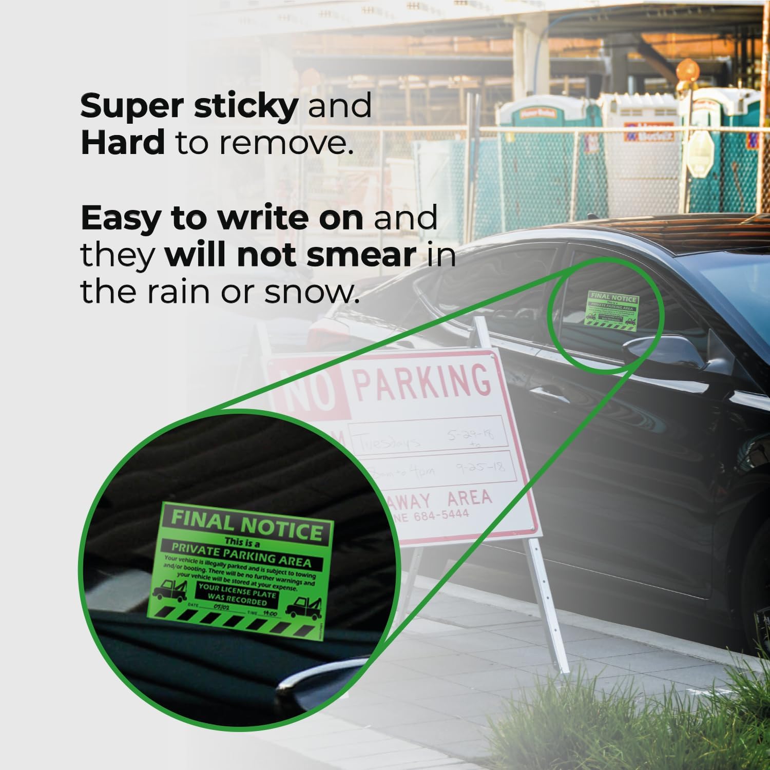 100 MESS Parking Violation Stickers Hard to Remove - No Parking Stickers - Bad Parking Stickers - Super Sticky Warning Stickers for Towing Parked Cars 8x5 in (Green Final Notice, 100)