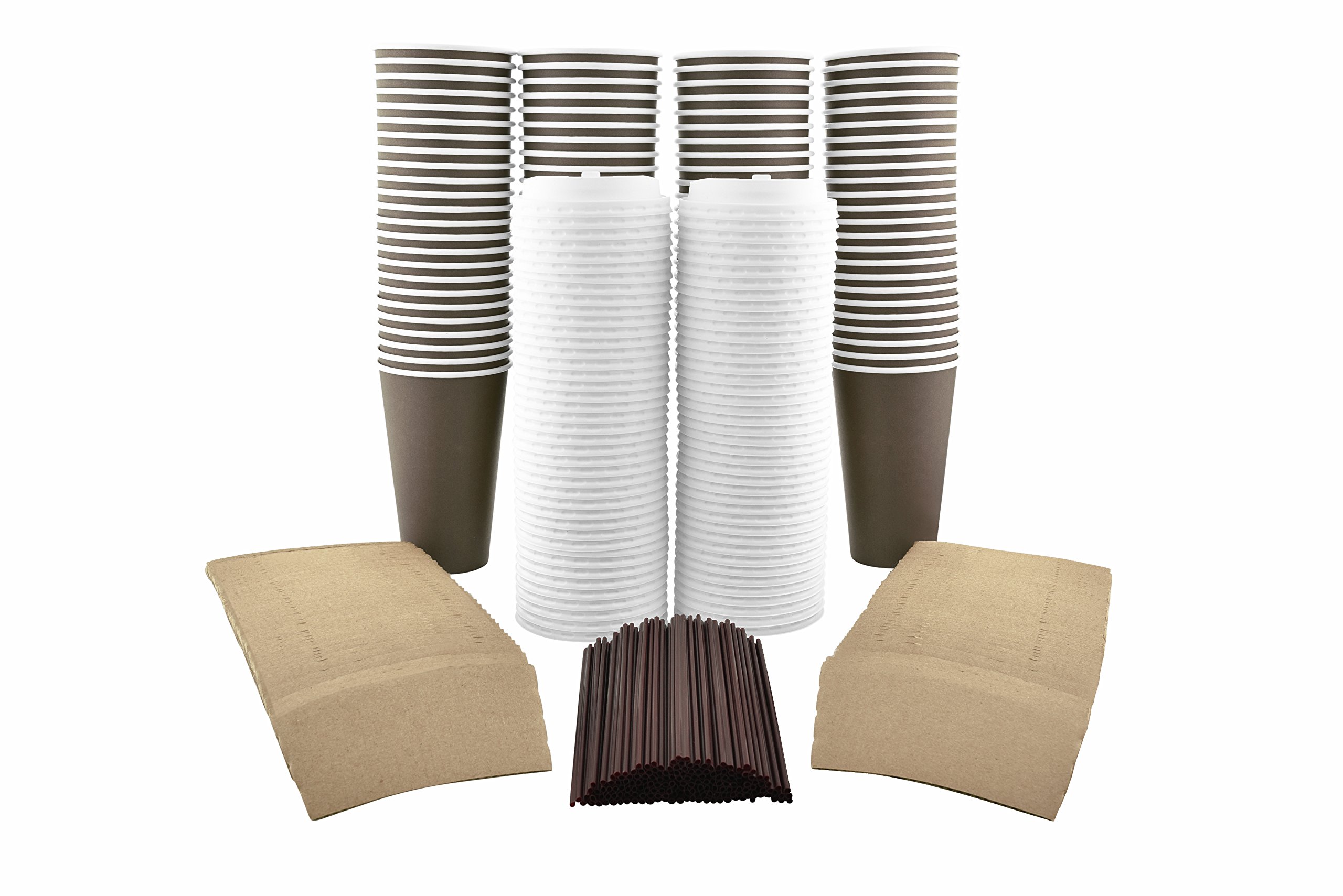 100 Pack - 16 Oz [8, 12, 20] [4 Colors] Disposable Hot Paper Coffee Cups, Lids, Sleeves, Stirring Straws - Mocha Brown
