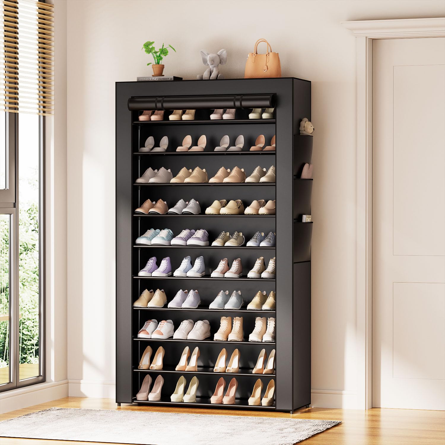 10 Tiers Large Shoe Rack with Covers- Large Capacity 40-50Pairs Shoes Rack Storage Organizer Closed Tall Shoe Rack Organizer with Covers for Closet Entryway Garage, Stackable Tall Shoe Shelf Storage