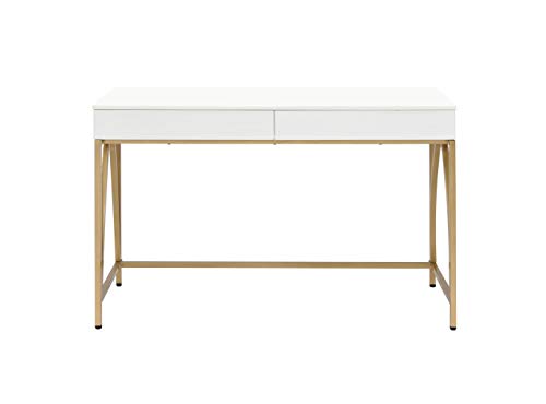 Acme Furniture Lightmane Desk, White High Gloss & Gold
