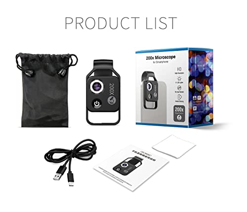 200X Phone Mini Pocket Microscope, with LED Light/Universal Clip, Portable Digital Microscope Camera Lens Attachments for Smartphone, Open up The microworld for Kids Adults (Black with CPL)